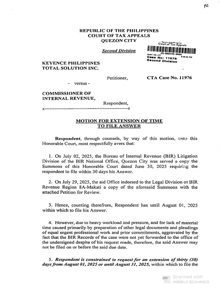 Motion For Extension To File Answer - Cta Case No. 11976 | PDF