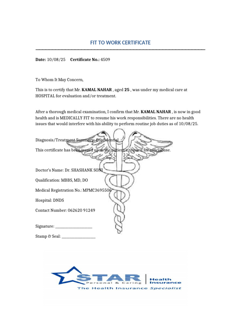 Fit to Work Certificate for Kamal Nahar | PDF