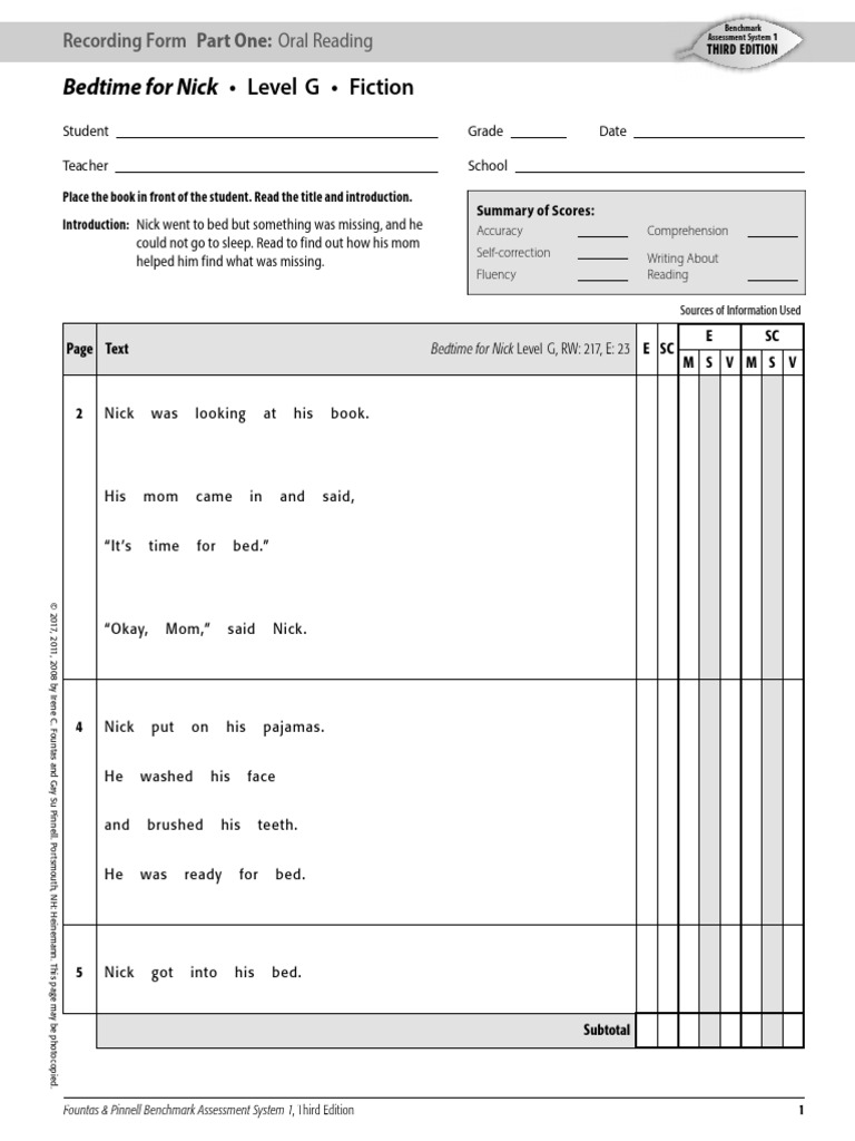 FP Fiction Level G Bedtime For Nick Recording Form | PDF | Learning ...