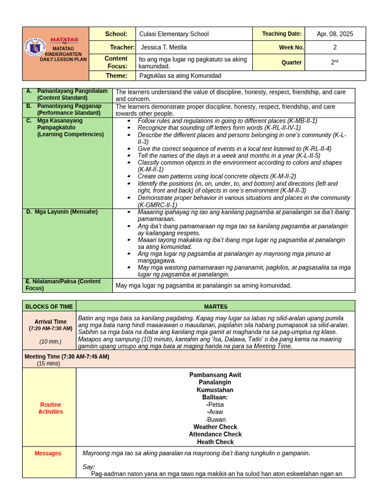 Kindergarten DLP Quarter 2 Week 2 Day 2 | PDF