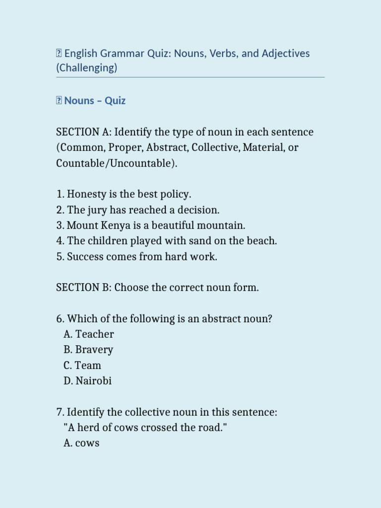 Grammar Quiz: Nouns, Verbs, Adjectives | PDF | Verb | Noun