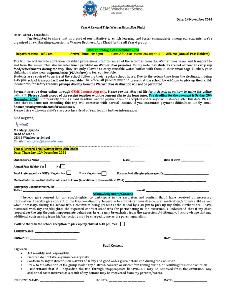 Year 6 Trip to Warner Bros Abu Dhabi | PDF