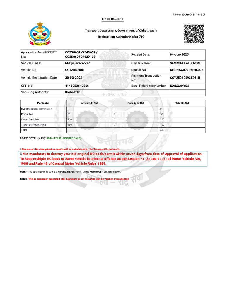 VAHAN 4.0 (Citizen Services) Onlineapp02 150 8012 | PDF | Receipt