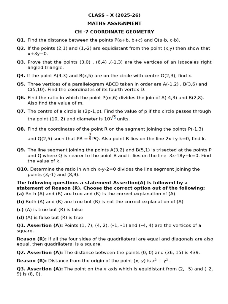 Class X Maths Assignment: Coordinate Geometry | PDF | Circle | Triangle