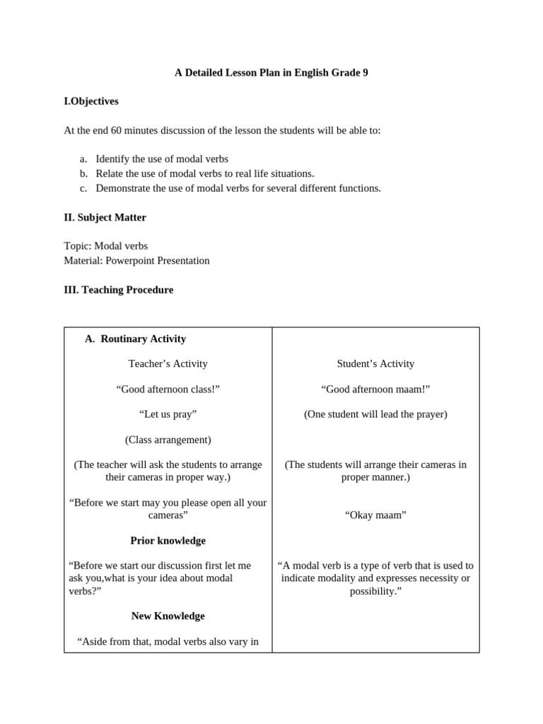 Grade 9 English Lesson: Modal Verbs | PDF | Verb | English Language
