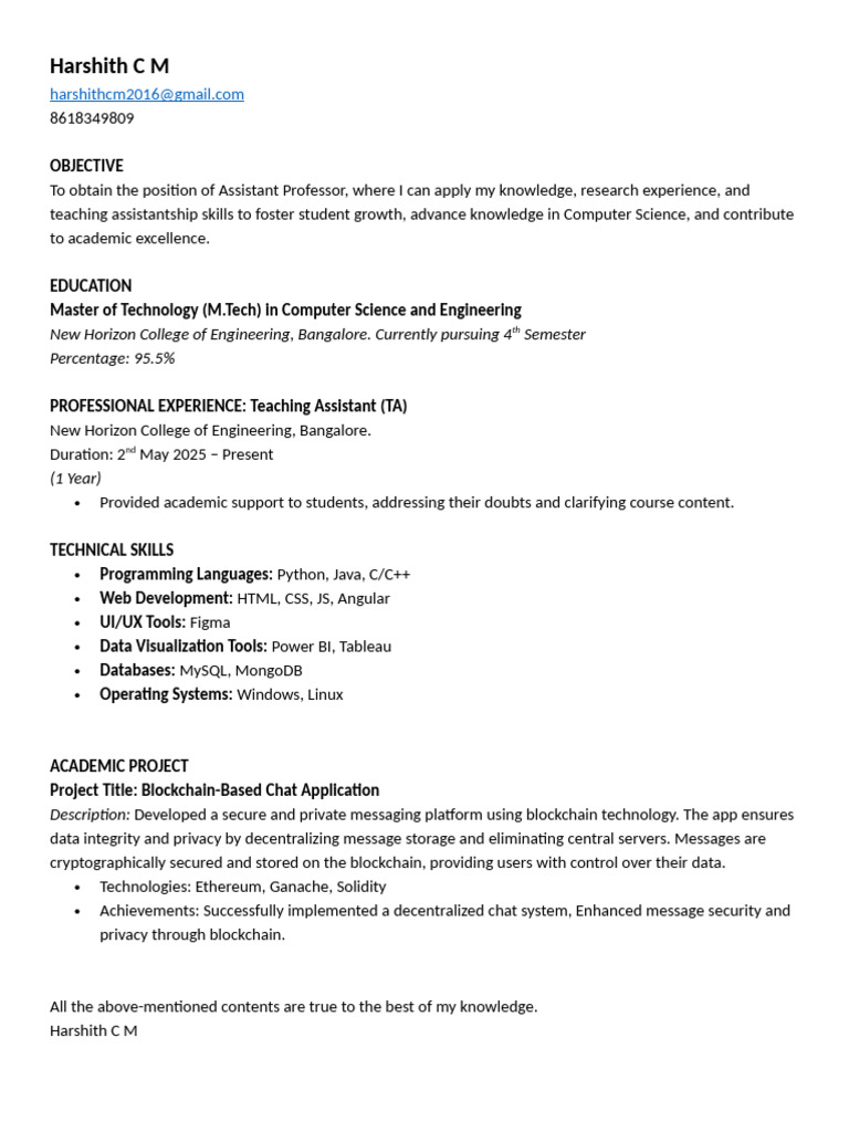 Harshith C M: New Horizon College of Engineering, Bangalore. Currently ...