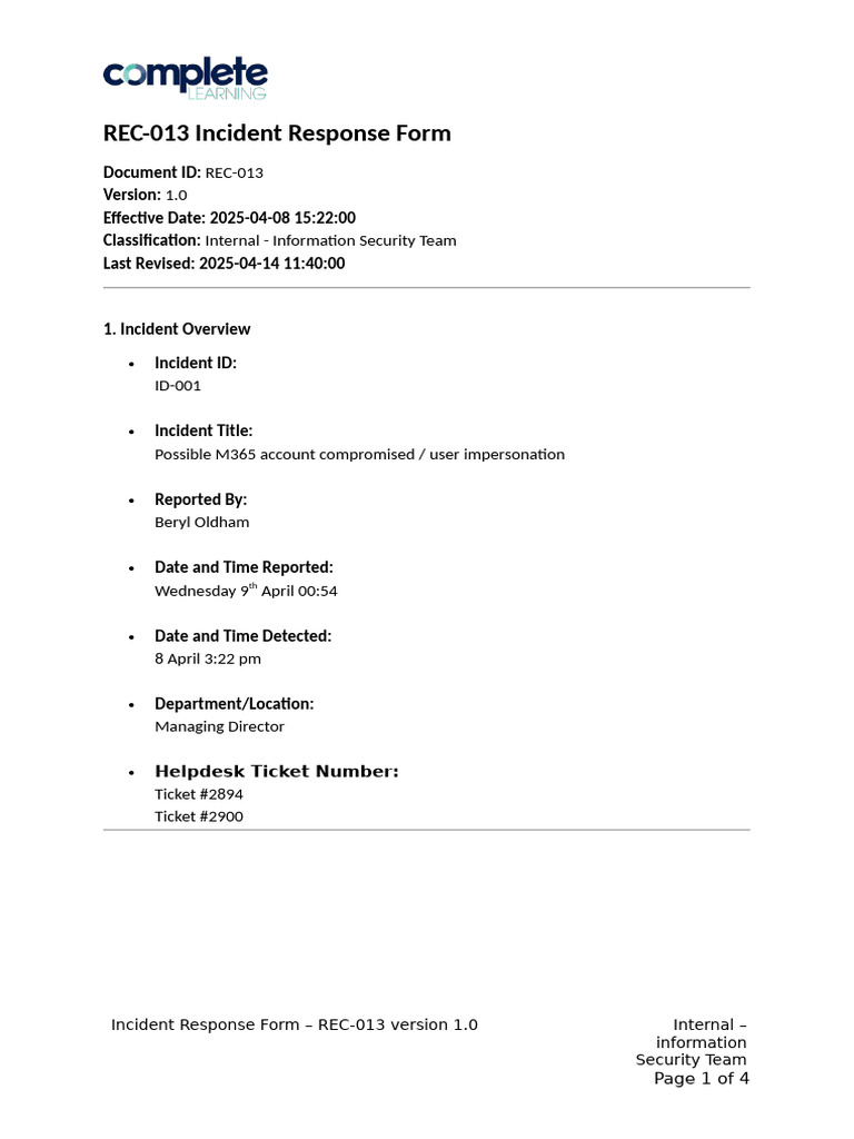 ID 001 Incident Response Form | PDF | Security | Computer Security