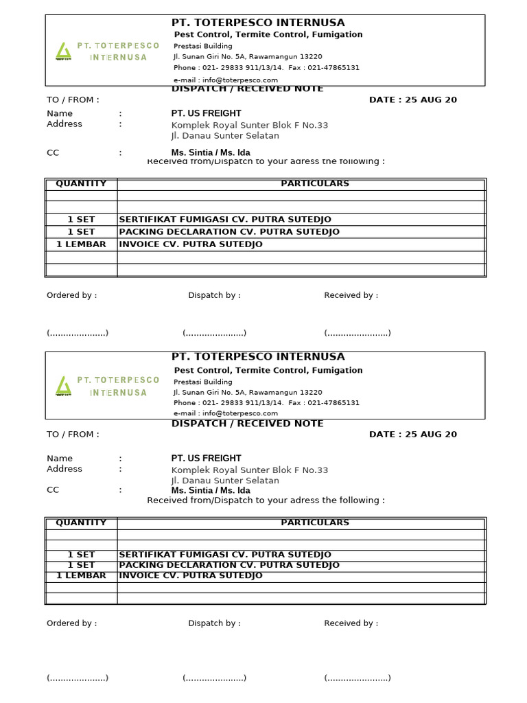 Dispatch Note for Fumigation Services | PDF | Pesticide