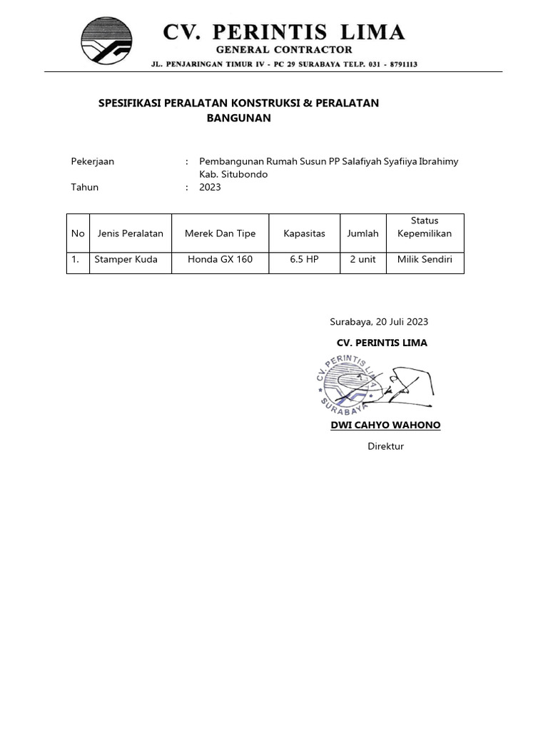 Daftar Isian Peralatan Utama | PDF