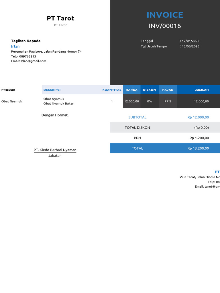 Invoice Obat Nyamuk PT Tarot 2025 | PDF