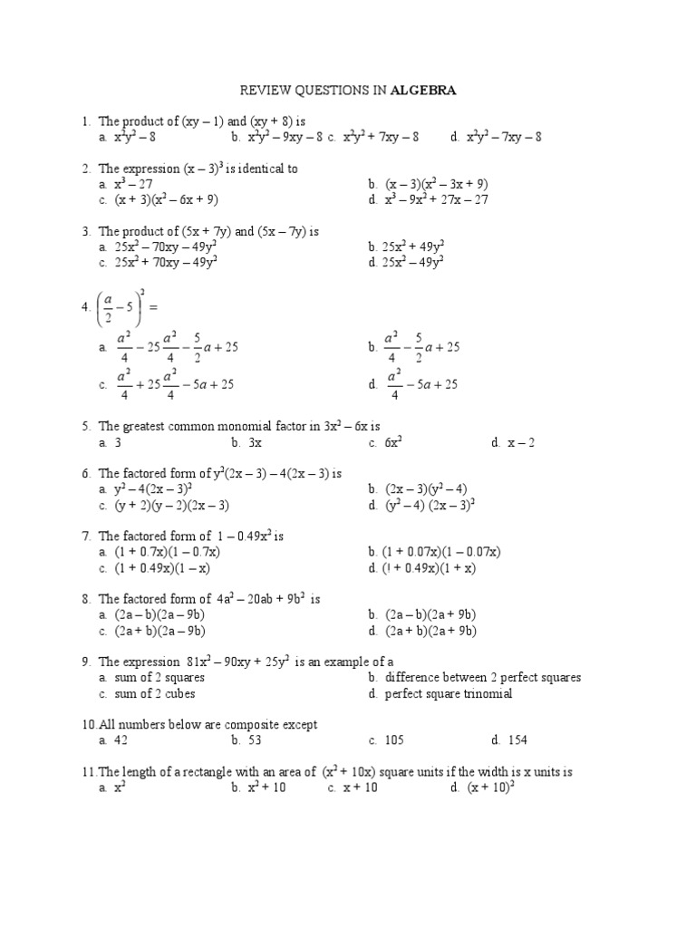 Algebra Review Questions and Answers | PDF | Fraction (Mathematics ...
