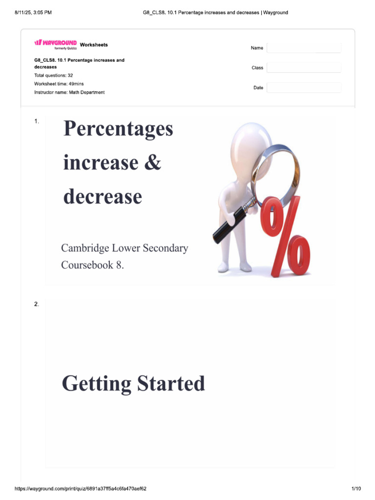 (Wayground) CLS8 - 10 Percentages Increase and Decrease | PDF