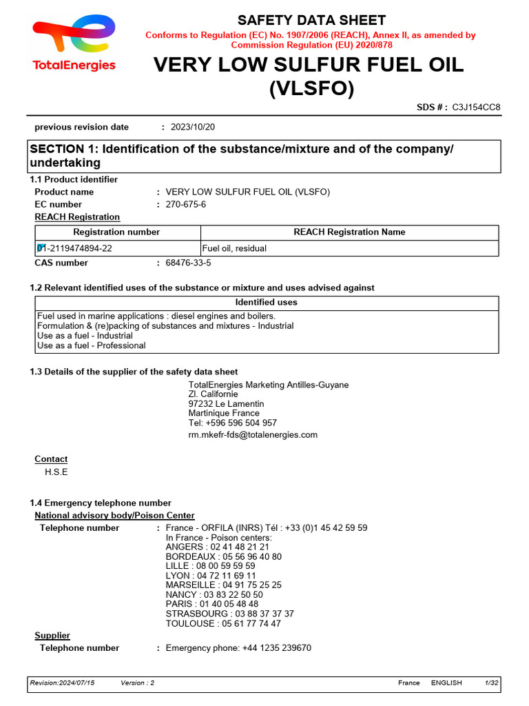 VERY LOW SULFUR FUEL OIL (VLSFO) - C3J154CC8 - France - English ...