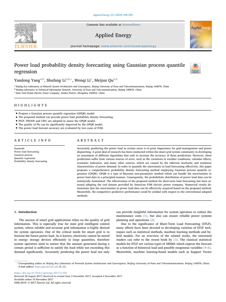 Power Load Probability Density Forecasting Using Gaussian Process Quantile Regression | PDF ...