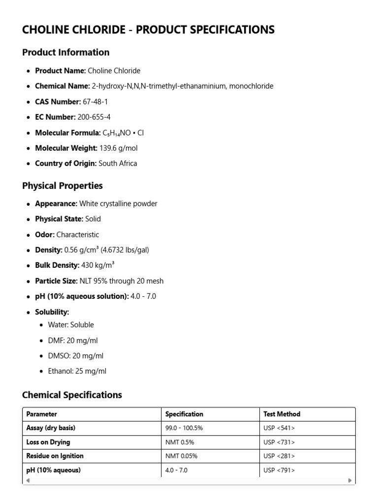 Choline Chloride 60 Specifications | PDF | Parts Per Notation | Chloride