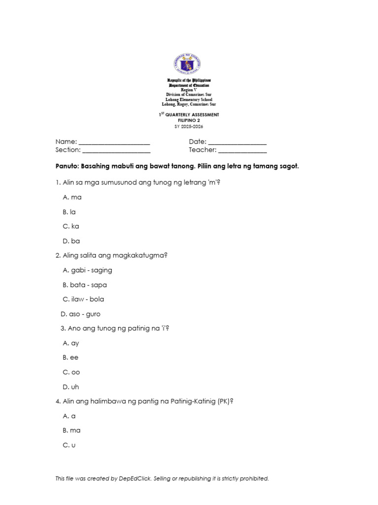 Filipino 2 - 1st Periodic Test - Depedclick | PDF