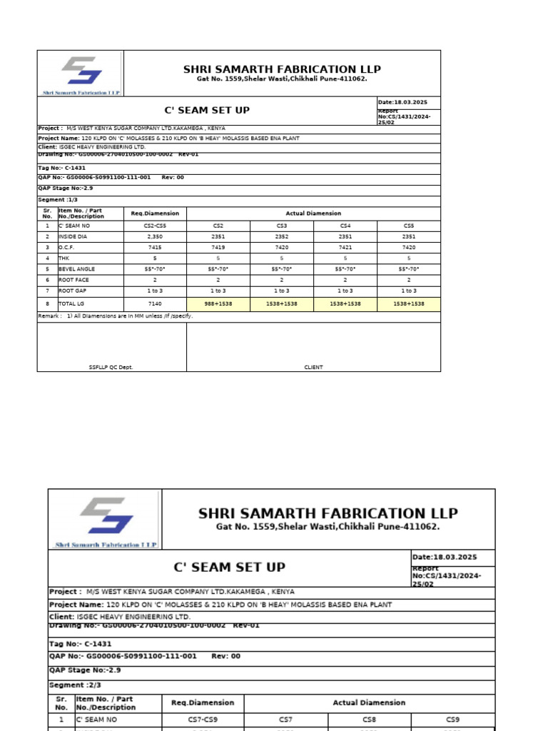 C' Seam Setup Quality Assurance Report | PDF | Molasses | Sugar