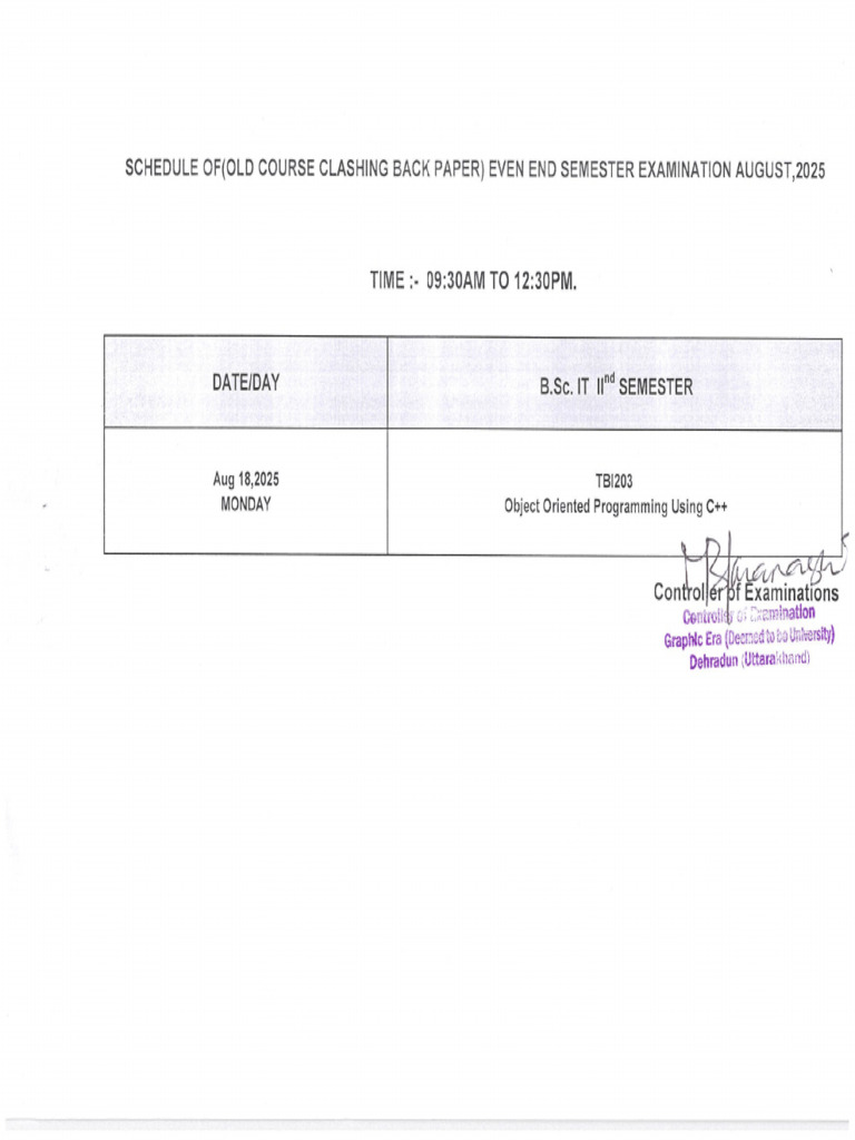Schedule of (Old Course Clashing Back Paper) August, 2025 | PDF