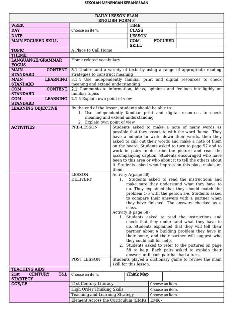 A Place to Call Home: Lesson Plan | PDF | Lesson Plan | Vocabulary