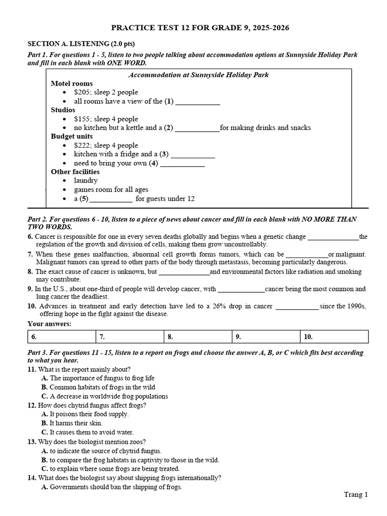 Grade 9 Practice Test 12: Listening & Vocabulary | PDF | Asthma ...