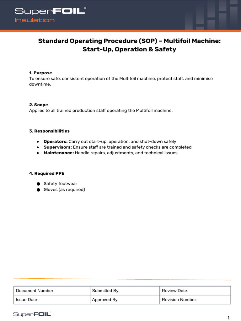 SOP for Multifoil Machine Operation | PDF | Equipment | Manufactured Goods