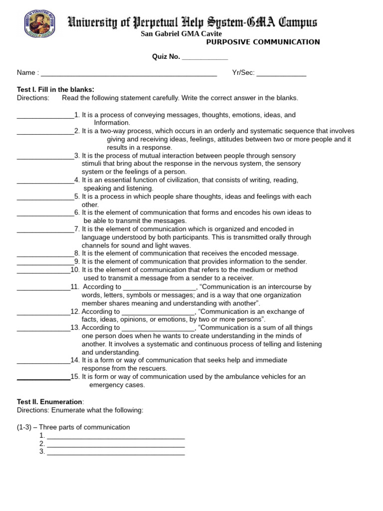 Purposive Communication Quiz Template | PDF | Communication | Information