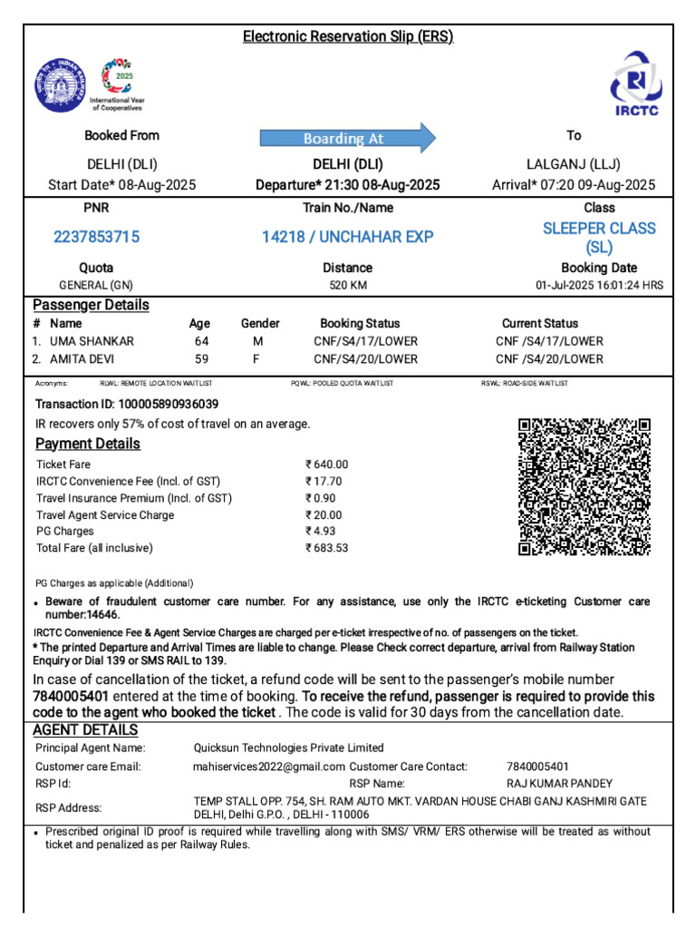 Unchahar Exp Sleeper Class (SL) : Electronic Reservation Slip (ERS ...