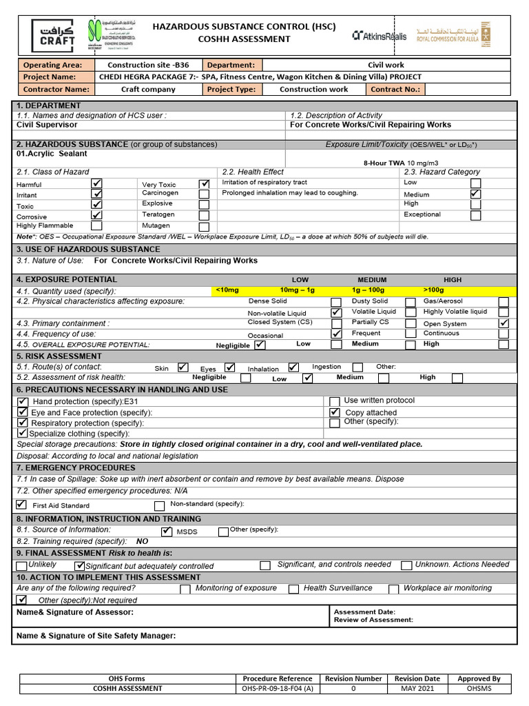 COSHH Assessment for Construction Site | PDF | Toxicity | Hazards
