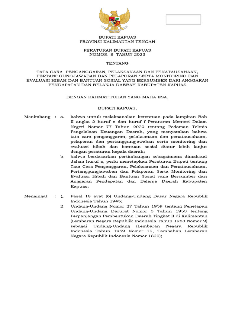 Salinan Perbup Nomor 8 Tahun 2023 Tentang Tata Cara Penganggaran Hibah Bansos | PDF