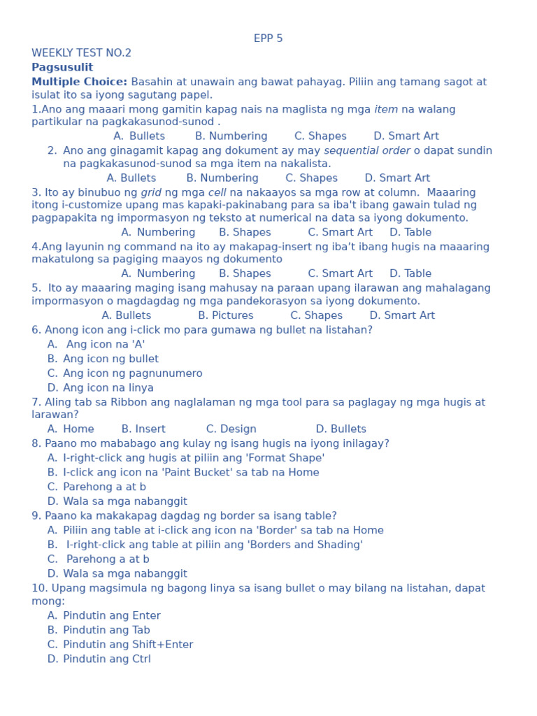 Epp 5 Weekly Test No2 | PDF