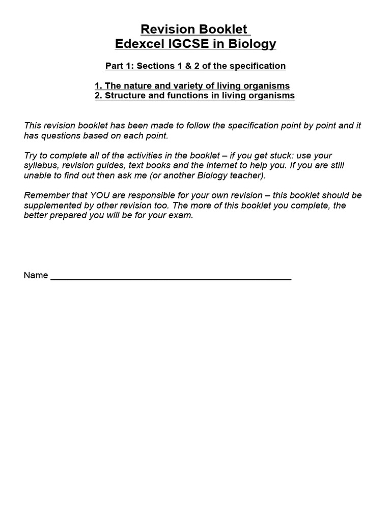 IGCSE Biology Revision Guide: Sections 1 & 2 | PDF | Cell (Biology ...