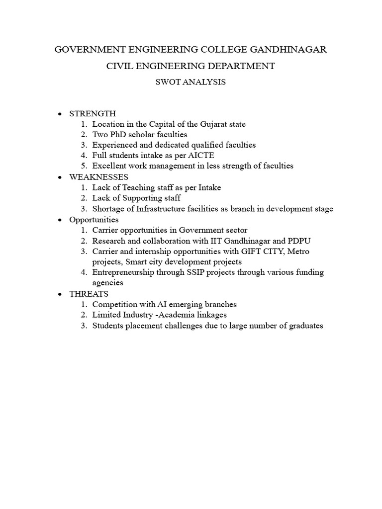 SWOT Analysis of Civil Engineering at GEC Gandhinagar | PDF