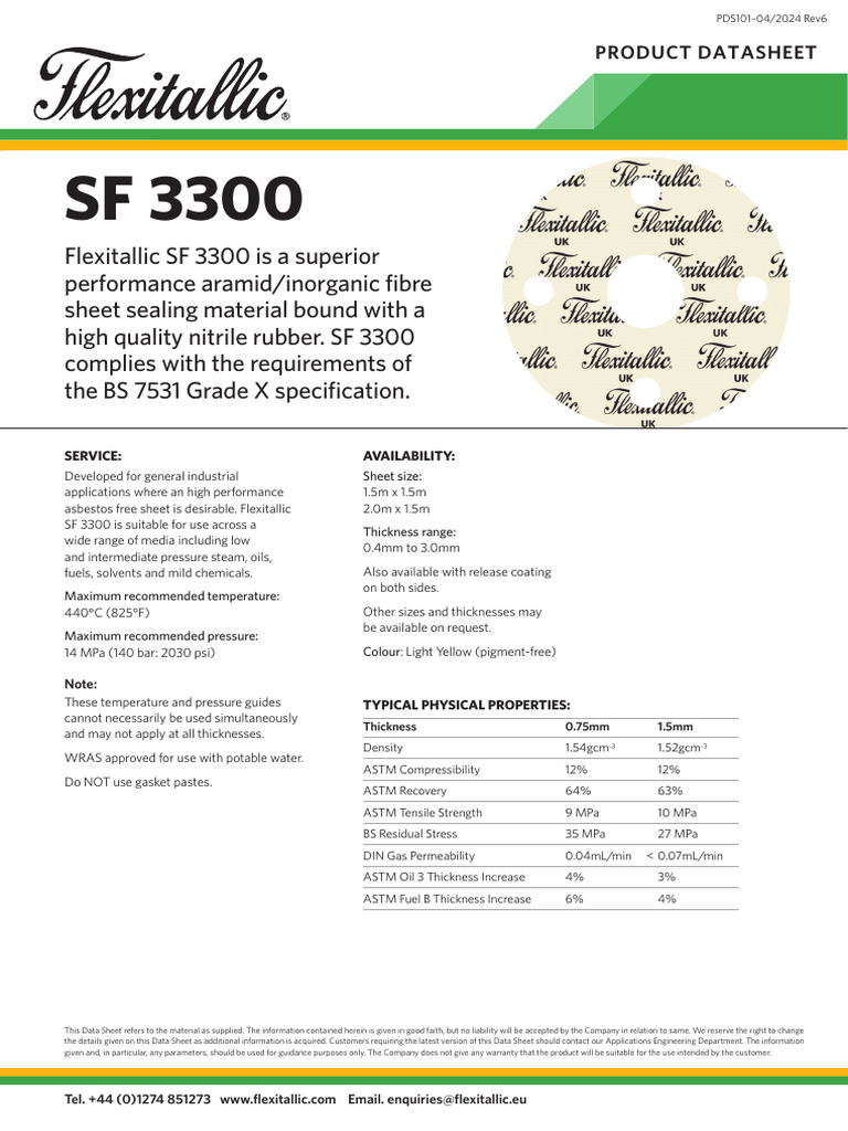 Flexitallic SF3300 Datasheet | PDF | Physical Sciences | Industrial Processes