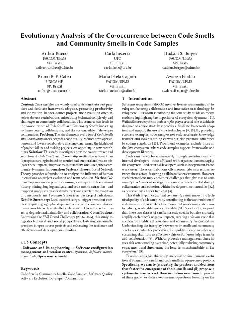 Evolutionary Analysis of The Co-Occurrence Between Code Smells and ...