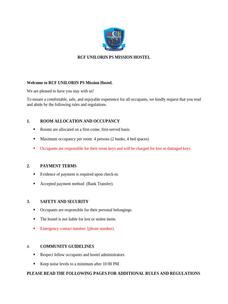 RCF UNILORIN PS Hostel Guidelines | PDF