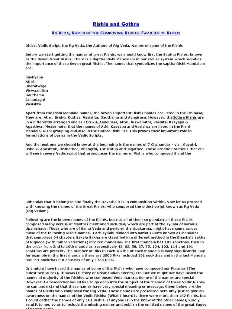 Rishis and Gothra | PDF | Vedas | Hindu Mythology