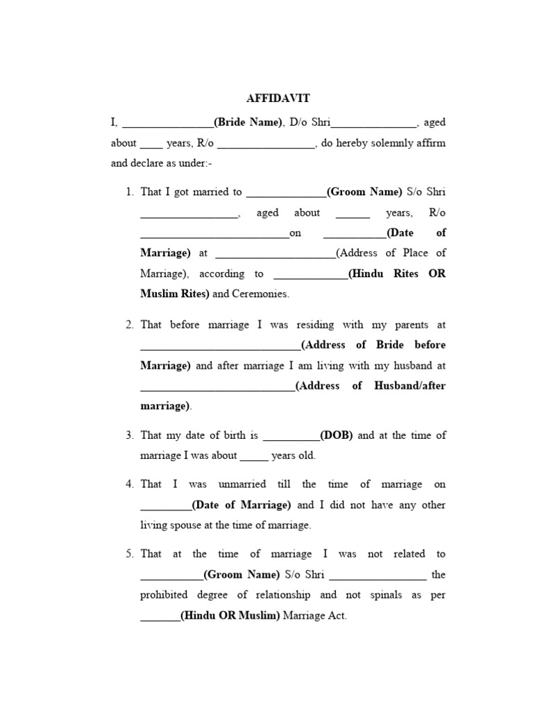 Bride's Affidavit of Marriage Details | PDF