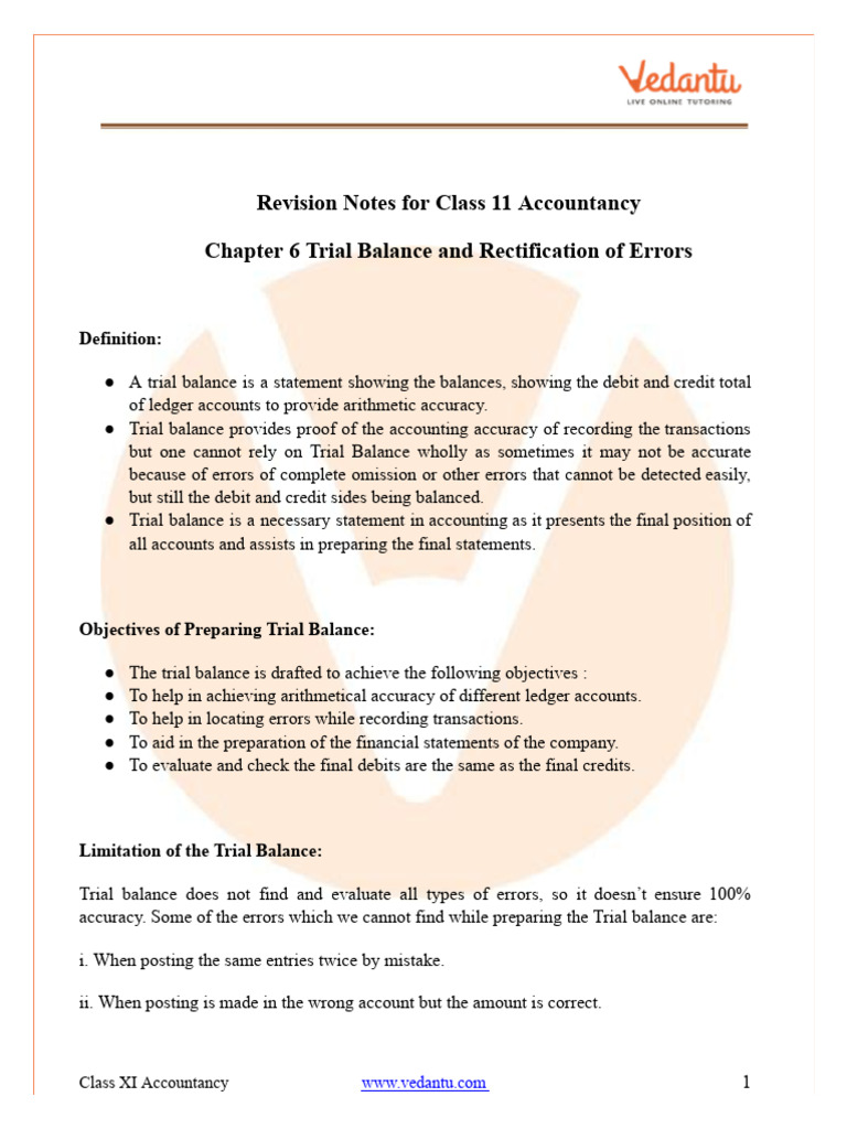 Trial Balance and Rectification of Errors Class 11 Accountancy Notes ...