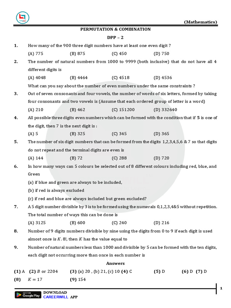DPP - 02 Permutation and Combination - 519 - Crwill | PDF | Numbers | Chess Openings