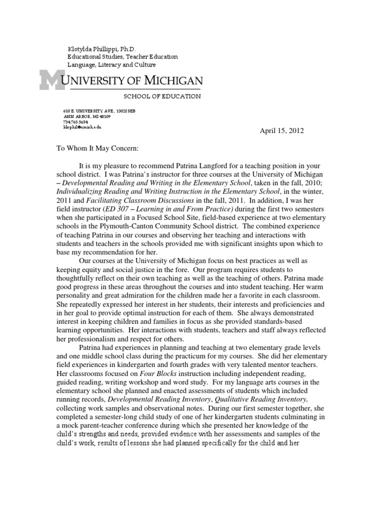 Letter of Recommendation - Field Instructor | PDF | Teachers | Reading ...