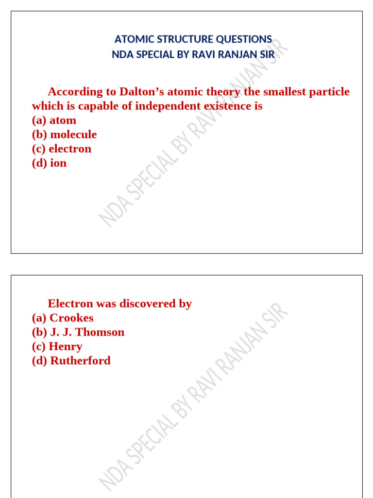 NDA Atomic Structure Questions | PDF | Atoms | Proton