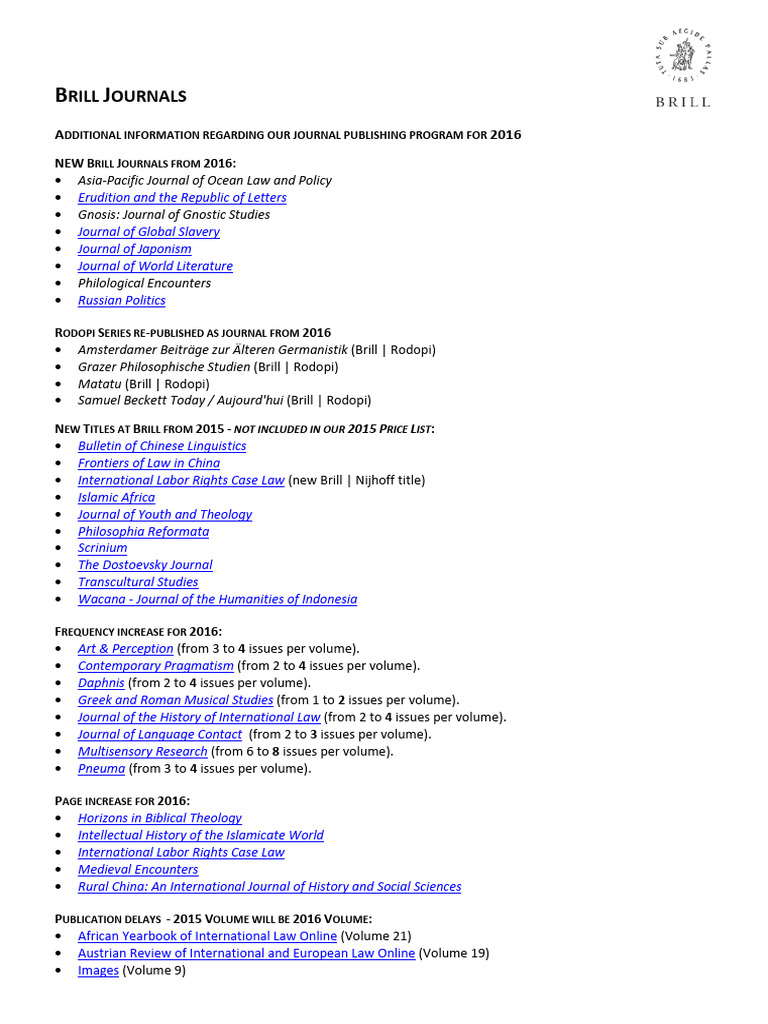 Brill Journals Publishing Updates 2016 | PDF | Subscription Business ...