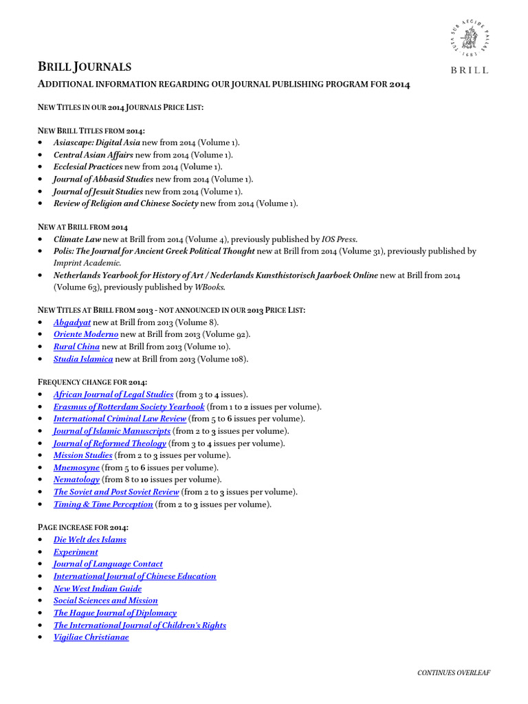 Brill Journals 2014 Publishing Update | PDF