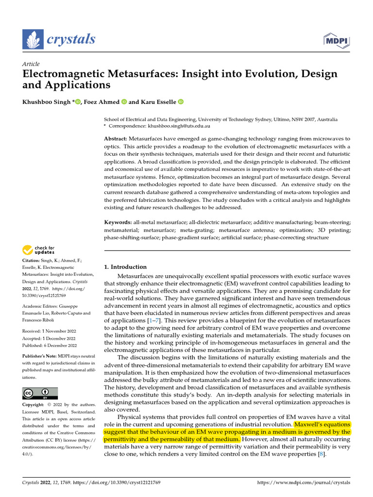 Electromagnetic Metasurfaces - Insight Into Evolution, Design and ...