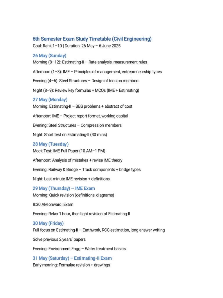 6th Sem Civil Exam Timetable | PDF