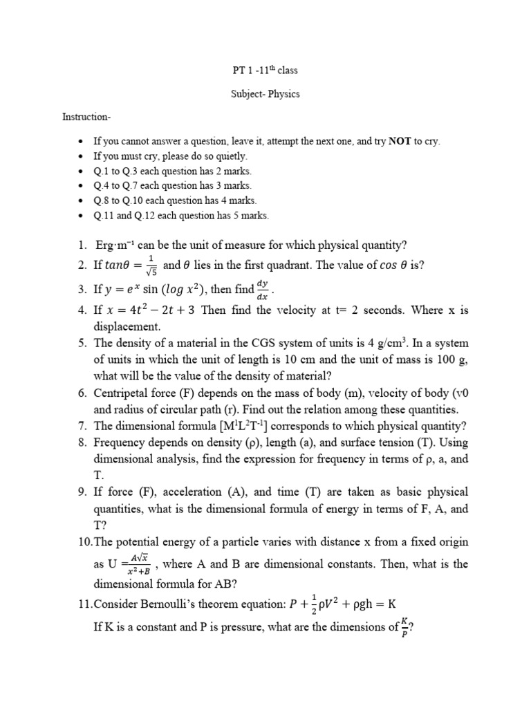 PT 1 11th Physics Class | PDF | Force | Motion (Physics)