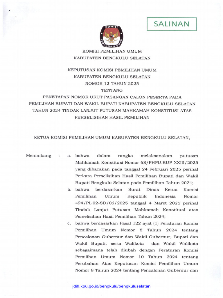Keputusan KPU BS 12 Tahun 2025 | PDF