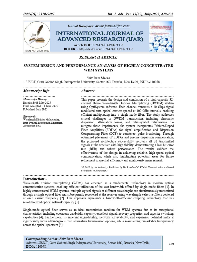 SYSTEM DESIGN AND PERFORMANCE ANALYSIS OF HIGHLY CONCENTRATED WDM SYSTEMS | PDF | Fiber Optic ...