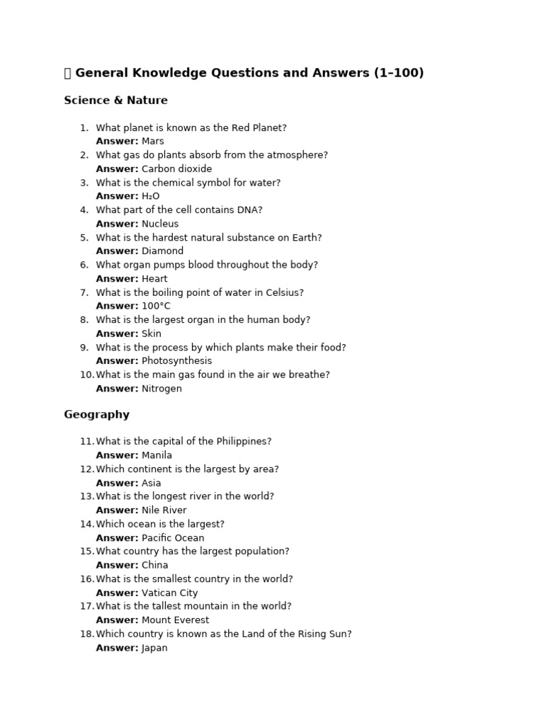 General Knowledge Questions & Answers | PDF | Water | Atmosphere Of Earth