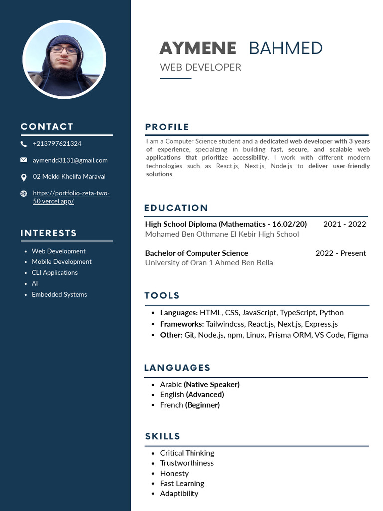Web Developer Profile: Aymene Bahmed | PDF